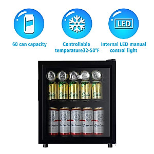 Beverage Refrigerator Cooler 60 Can Mini Fridge Glass Door for Beer Drinks Wines Juice, Adjustable Shelves Blue LED Lights and User Friendly Temperature Knob for Home Office Dorm Bar 1.6 Cu. Ft
