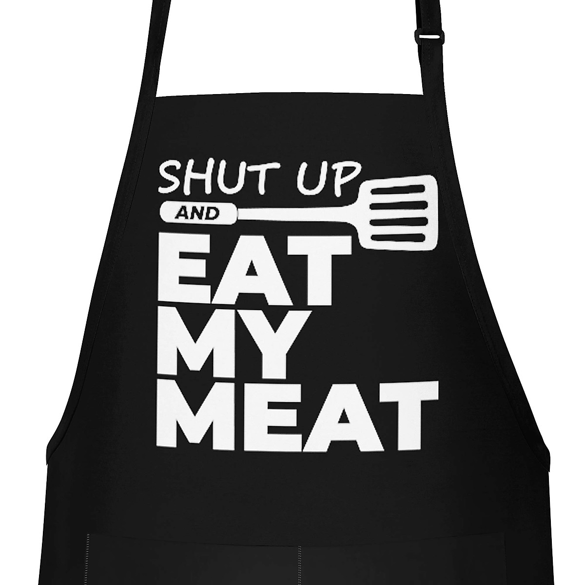 Funny BBQ Apron for Men - Shut Up And Eat My Meat - Adjustable Large 1 Size Fits All - Poly/Cotton Apron with 2 Pockets - BBQ Gift Apron for Father, Husband, Chef