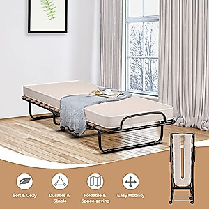 GOFLAME Rollaway Folding Bed with Soft Memory Foam Mattress, Portable Sleeper Bed Cot Size with Metal Frame for Adults, Guest Bed for Spare Bedroom and Office (Beige)