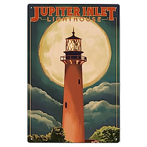 Lantern Press 6x9 Inch Wood Sign, Ready to Hang Wall Decor, Jupiter, Florida, Jupiter Lighthouse and Moon