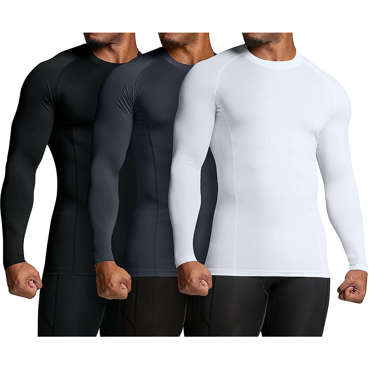 ATHLIO Men's UPF 50+ Long Sleeve Compression Shirts, Water Sports Rash Guard Base Layer, Athletic Workout Shirt, 3pack Black/Charcoal/White, Medium