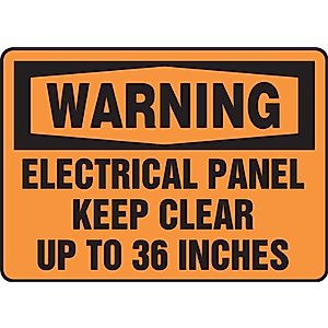 Accuform MELC309VS Adhesive Vinyl Safety Sign, Legend "Warning Electrical Panel Keep Clear UP to 36 INCHES", 7" Length x 10" Width x 0.004" Thickness, Black on Orange