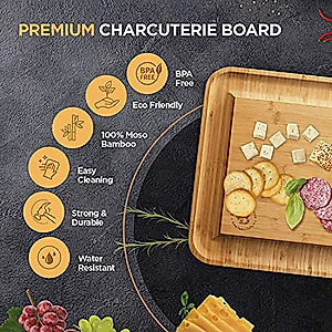 Cheese Board and Knife Set - Premium Quality Bamboo Charcuterie Platter for Slicing Cheese, Meat, Fruits, Vegetables - Hidden Drawer with 4 Stainless Steel Cutting and Serving Utensils - by Weegee