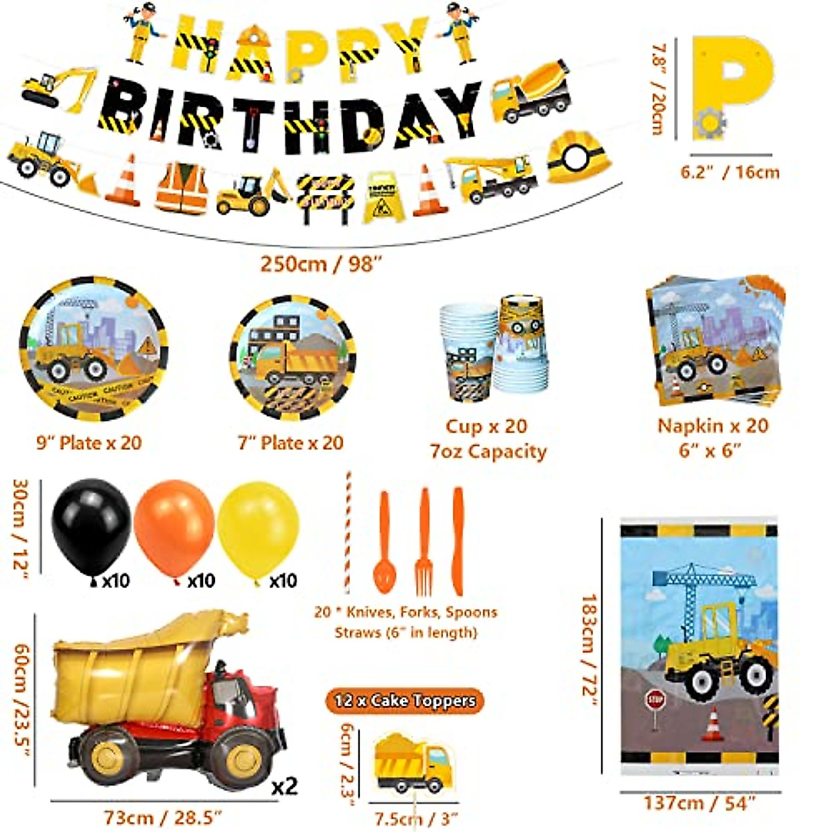 Construction Truck Party Supplies Tableware Set - Dump Truck Banner, Tablecover, Plate, Cups, Napkins, Balloons, Cake Toppers, Foil Balloon, for Party Decorations Kids Birthday Serves 20 Guests