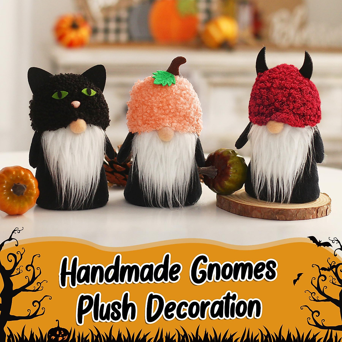 Kyhvoux Black Cat Gnomes Plush Decoration, 3 PCS Handmade Cute Elf Dolls Gift for Women Swedish Tomte Faceless Dwarf Winter Home Indoor Decor for Table Centerpieces Ornament Tiered Tray
