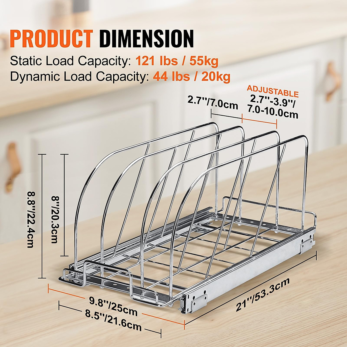 VEVOR Pan and Pot Rack, Expandable Pull Out Under Cabinet Organizer, Cookie Baking Pans tray Organization, Adjustable Wire Dividers, Steel Lid for Kitchen Cabinet & Pantry, 8.5"W