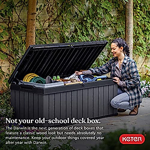 Keter Darwin 100 Gallon Resin Large Deck Box - Organization and Storage for Patio Furniture, Outdoor Cushions, Garden Tools and Pool Toys, Grey & Black