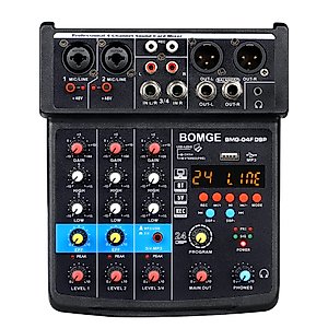 BOMGE 4 Channel mini DJ Audio Sound Mixer Interface with MP3、 USB, Bluetooth, Stereo Recording, 48V Phantom Power, 24 DSP for karaoke, performance, church singing 、 podcas streaming