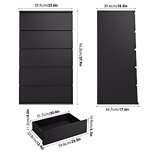 FOTOSOK Black Dresser, 5 Drawer Dresser Tall Black Dresser with Large Storage Space, Modern Storage Chest of Drawers, 23.6L x 17.6W x 39.1H Inch Storage Organizer Cabinet for Home, Black
