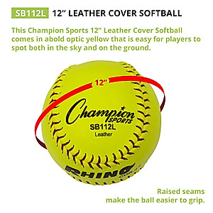 Champion Sports 12" Leather Cover Softballs - Cork Core - Medium Compression - NFHS Approved - Raised Seams - Optic Yellow - Pack of 12