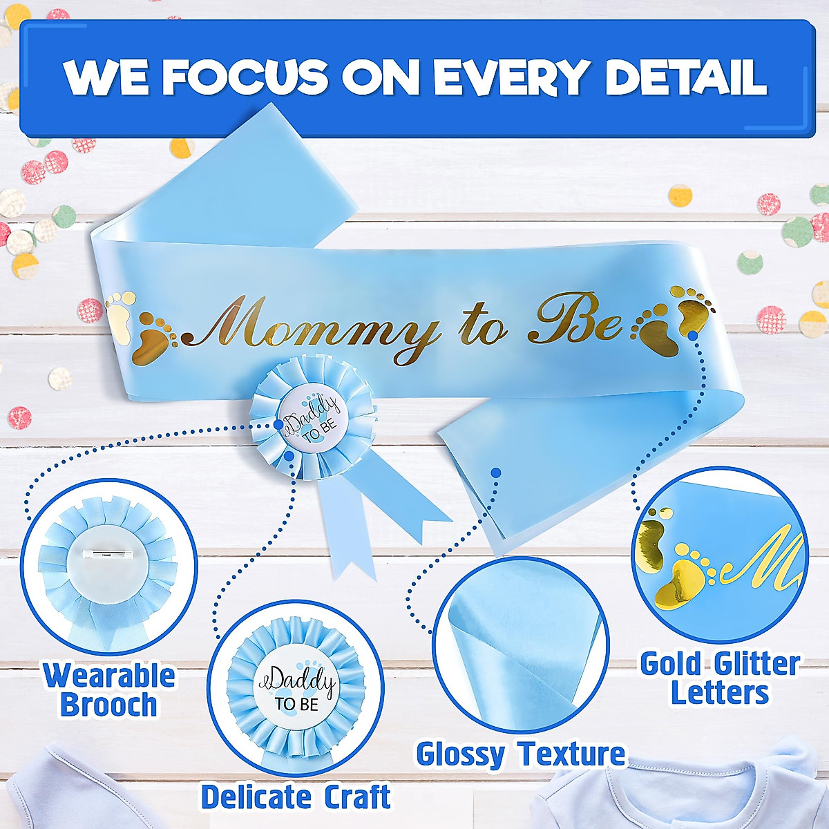 Baby Shower Sash for Mommy - Set of 2 Blue Satin Mommy to Be Sash with Dad to Be Pin, Elegant Glossy Texture with Gold Glitz Letters, Easy to Wear - Lightweight and Durable Baby Shower Decorations Boy