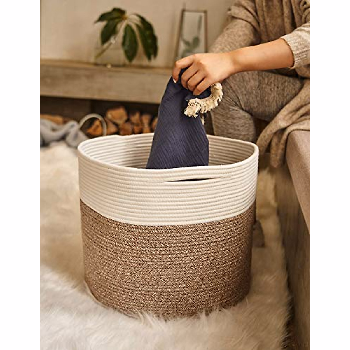 Goodpick Jute Rope Storage Basket Blanket Basket with Handles (Set of 2)