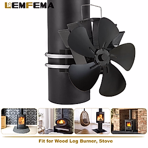 Lemfema Heat Powered 5 Blades Stove Fan, Flue Pipe Hanging Fireplace Fan for for Wood/Log Burner/Fireplace, Silent Indoor Stove Fan with Magnetic Thermomete