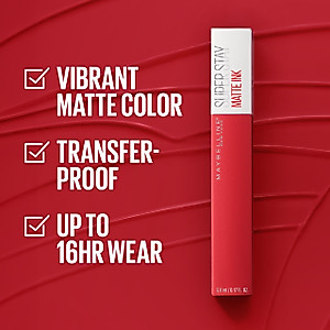 Maybelline Super Stay Matte Ink Liquid Lipstick Makeup, Long Lasting High Impact Color, Up to 16H Wear, Founder, Cranberry Red, 1 Count