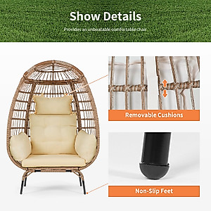 Egg Chair Egg Basket Lounge Chair Rattan Chair Steel Frame Oversized Indoor Outdoor Lounger Simple Installation with 4 Comfort Cushion and Stand,352lb Capacity for Patio Garden Living Room,White