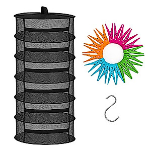 6 Layer Herb Drying Rack Collapsible Mesh Hanging Drying Net with Zipper, S Hang Buckle,20Pcs Clothes Clips Pegs,for Drying Bud, Seeds,Herb,Hydroponic Plants