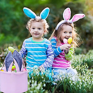 Easter Bunny Basket Seersucker Egg Bags for Kids,Personalized Candy Egg Basket Rabbit Print Buckets with Fluffy Tail Gifts Bags for Easter（Seersucker Pink）……