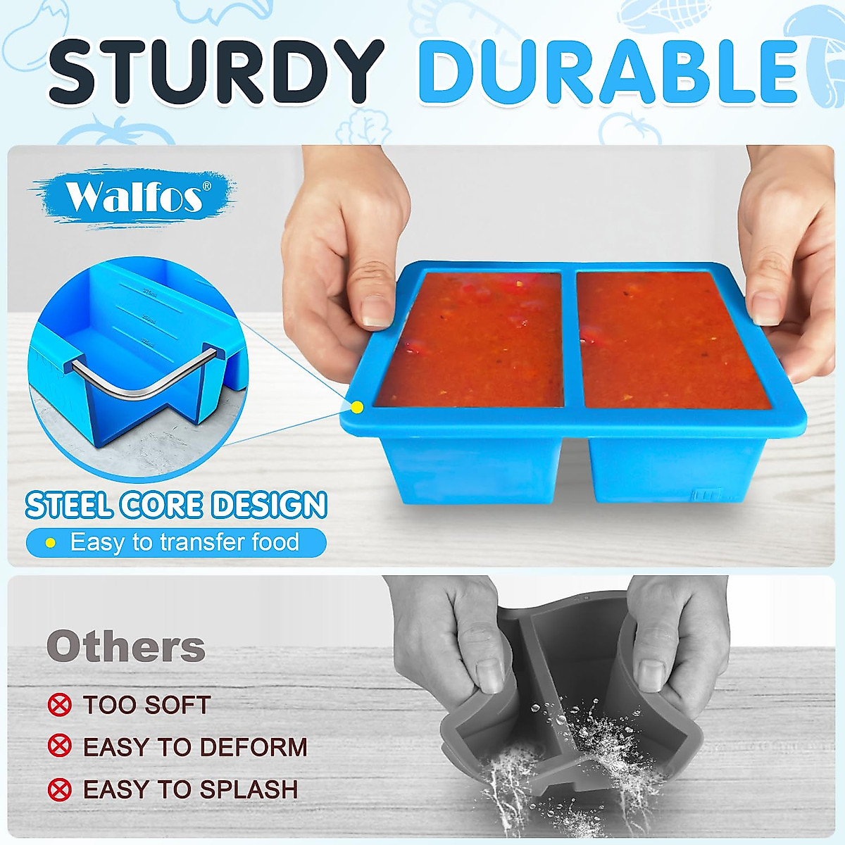 Walfos Silicone Freezer Tray with Lid - 1.5Cup Silicone Food Freezer Tray - Soup, Sauce, leftovers, Homemade Meal Prep Freezing Kitchen Storage Containers - 4pcs-blue