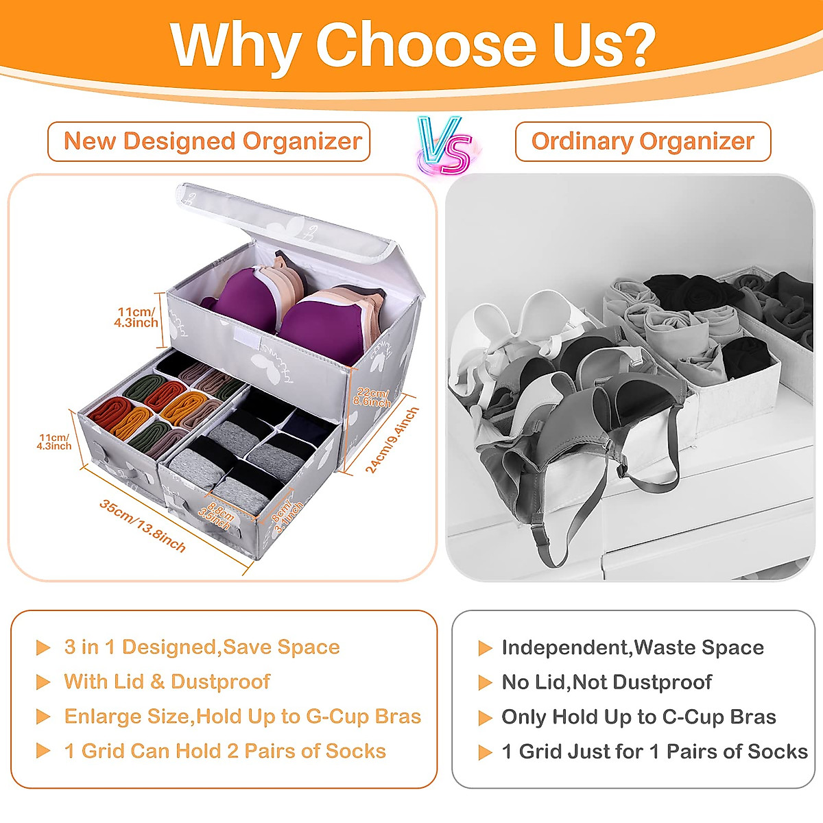 EASEVE 2 Pack Sock Underwear Drawer Organizer Divider - Closet Organizers and Storage Dresser Organizer Wardrobe Clothes Box Storage Bins with Lid for Bra, Socks, Leggings, Shirt, Panty (Grey)