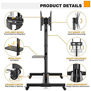 5Rcom Rolling / Mobile TV Cart with Wheels for 32 to 55 Inch LCD LED 4K Flat Curved Screen Vertical TVs-Height Adjustable Screen Tilt Rolling TV Stand for 2 TVs with Laptop Shelf Holds Up to 132 lbs