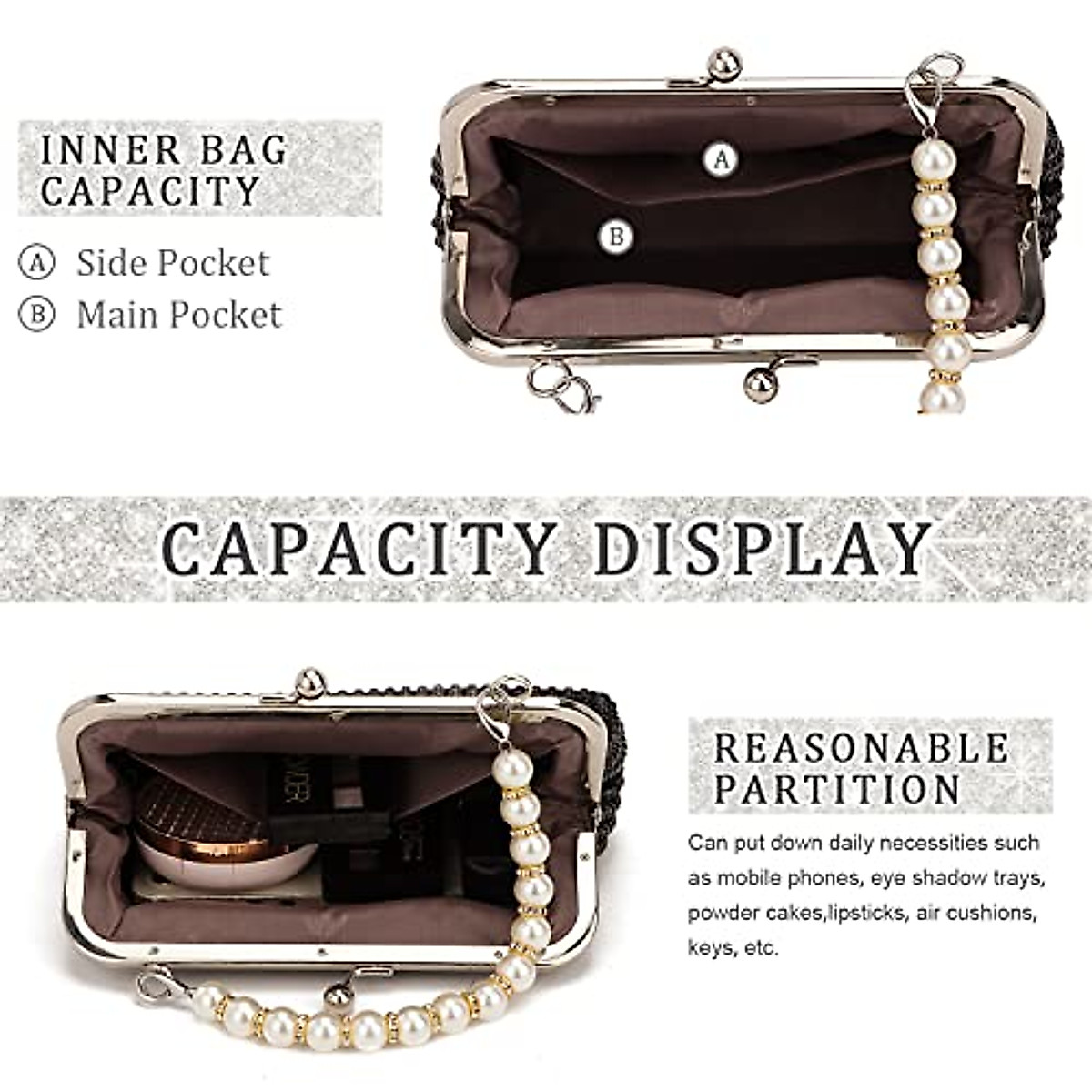 SUKUTU Women Luxury Full Rhinestone Shoulder Bag Noble Kiss Lock Crystal Messenger Bag Clutch Handbag with Pearl Beaded Chain