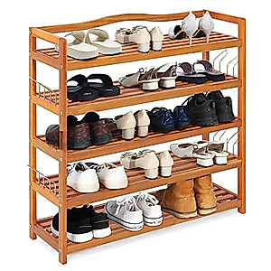 Giantex 5-Tier Shoe Rack, Acacia Wood Shoe Shelf with Side Metal Hooks, Holds up 12-18 Pairs, Shoe Organizer, Shoe Storage, Wooden Shoe Rack for Entryway, 33’’Lx10.5’’Wx32.5’’H