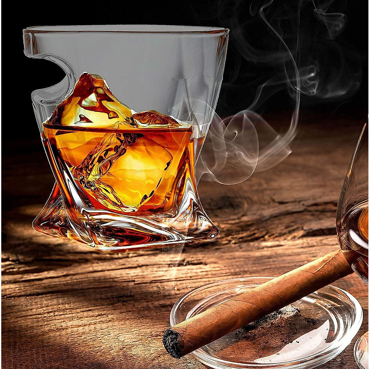 Bezrat Whiskey Cigar Glasses Gift Set - with Side Mounted Cigar Rest - Whisky Chilling Stones and accessories in Wooden Box - Scotch Bourbon Christmas Gift for Dad, Husband, Fathers Day, Birthday