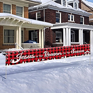 Holy Nativity Christmas Banner Manger Scene Religious Christmas Yard Banner Jesus Is the Reason for the Season Banner Red Buffalo Plaid Hanging Banner for Xmas Winter Holiday Outdoor Indoor Decoration