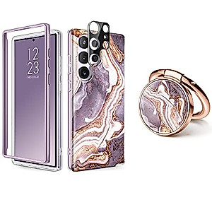 GVIEWIN Marble Bundle - Compatible with Samsung Galaxy S23 Ultra 6.8 Inch [No Built-in Screen Protector] + Phone Ring Holder (Burgundy/Gold) (2 Items Bundle)