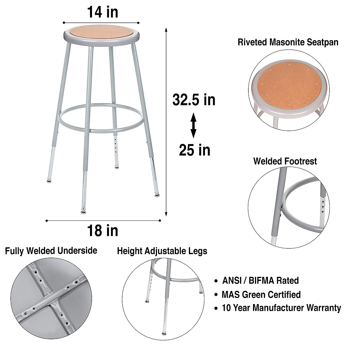 OEF Furnishings (2 Pack) Height Adjustable Grey Shop Stool, 25-32"" High (OEF6224H/2)