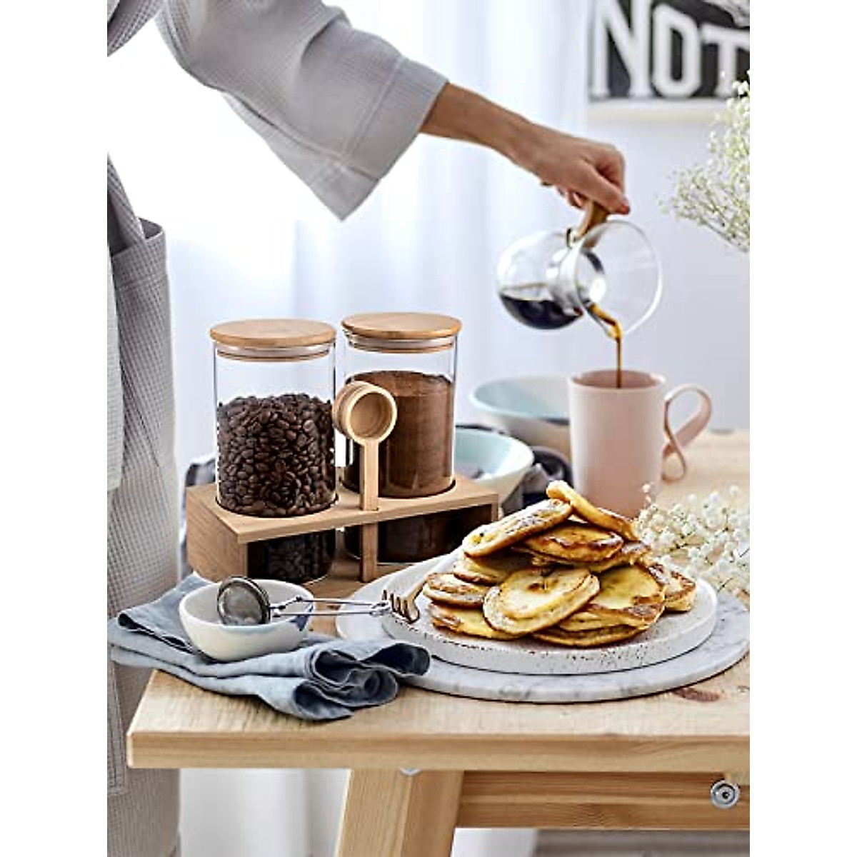 ANPHSIN Glass Coffee Containers with Shelf, 2Pcs 49oz Large Capacity BPA Free Coffee Storage Jars with Airtight Sealed Bamboo Lids Spoon for Kitchen Food, Coffee Beans, Coffee Powder, Sugar, Tea