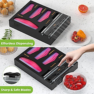 LUYABA 6 in 1 Bag Organizer and Wrap Dispenser with Magnetic Lid - Plastic Wrap Dispenser with Cutter for Kitchen Drawer, Storage for Gallon, Quart, Sandwich, Snack Bags, and Foil Black