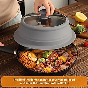 Vented Tempered Glass Lid Wok Lid for Stockpot Steamer Pot Pan, 10.5-11 inch Universal Multifunction Silicone Cover Collapsible Microwave Splatter Lid Cover Microwave Safe