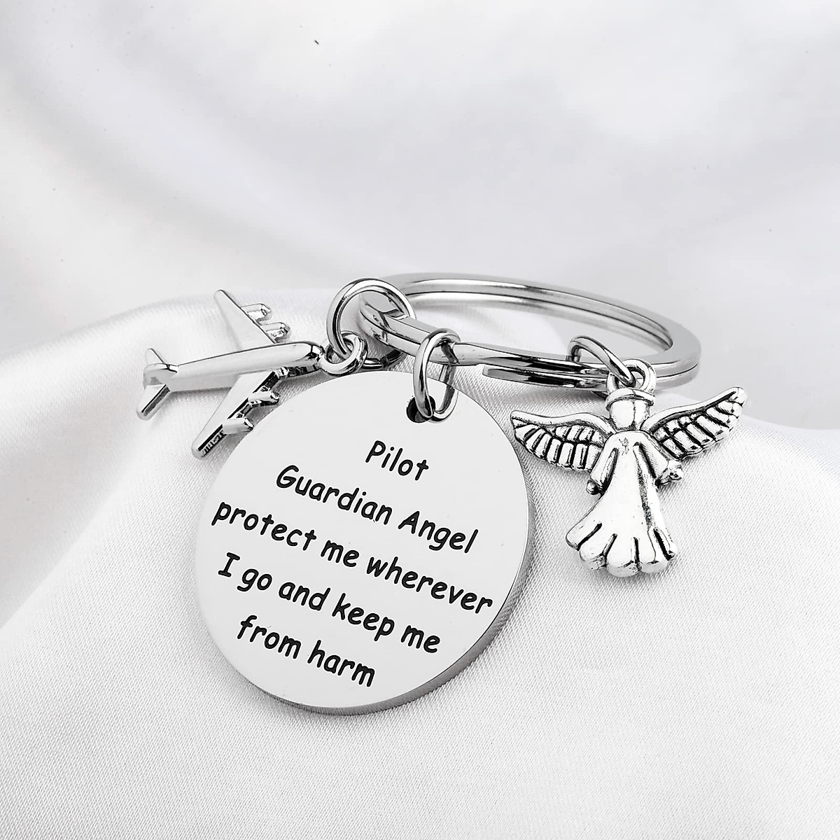 FUSTMW Pilot Gifts Keychain Guardian Angel Gifts Pilot Aviation Gifts Pilot Student Gifts Pilot to be Gifts Aviation Keychain (Silver)