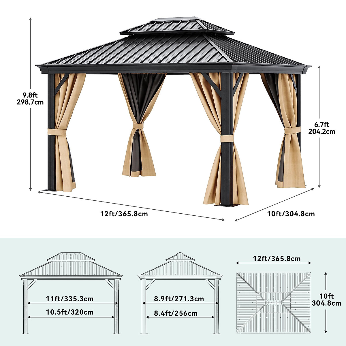 DWVO 10x12ft Hardtop Gazebo Double Roof with Nettings and Curtains, Heavy Duty Galvanized Steel Outdoor Vertical Stripes Roof for Patio, Backyard, Deck, Lawns, Brown