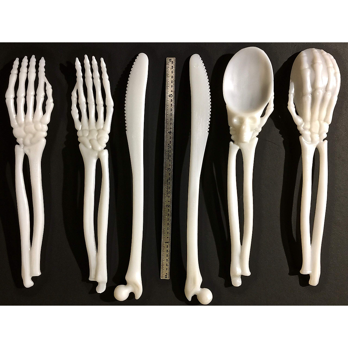 Skeleton Shaped Plastic Silverware Set Plasticware: Reusable, Dishwasher Safe, Non Toxic, Heavy Duty Forks Spoons & Knives (Place Setting for 6-18pcs Total)