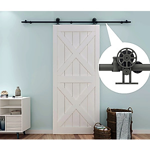 DIYHD 7FT Black Track Top Mount Spoke Wheel Sliding Barn Door Hardware