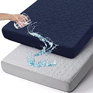 ACRABROS Pack and Play Sheets Fitted-2 Pack Waterproof Pack n Play Sheet,Mini Crib Mattress Pad Protector,Universal Fit Quilted Padded Ultra Soft, Gray & Navy Blue