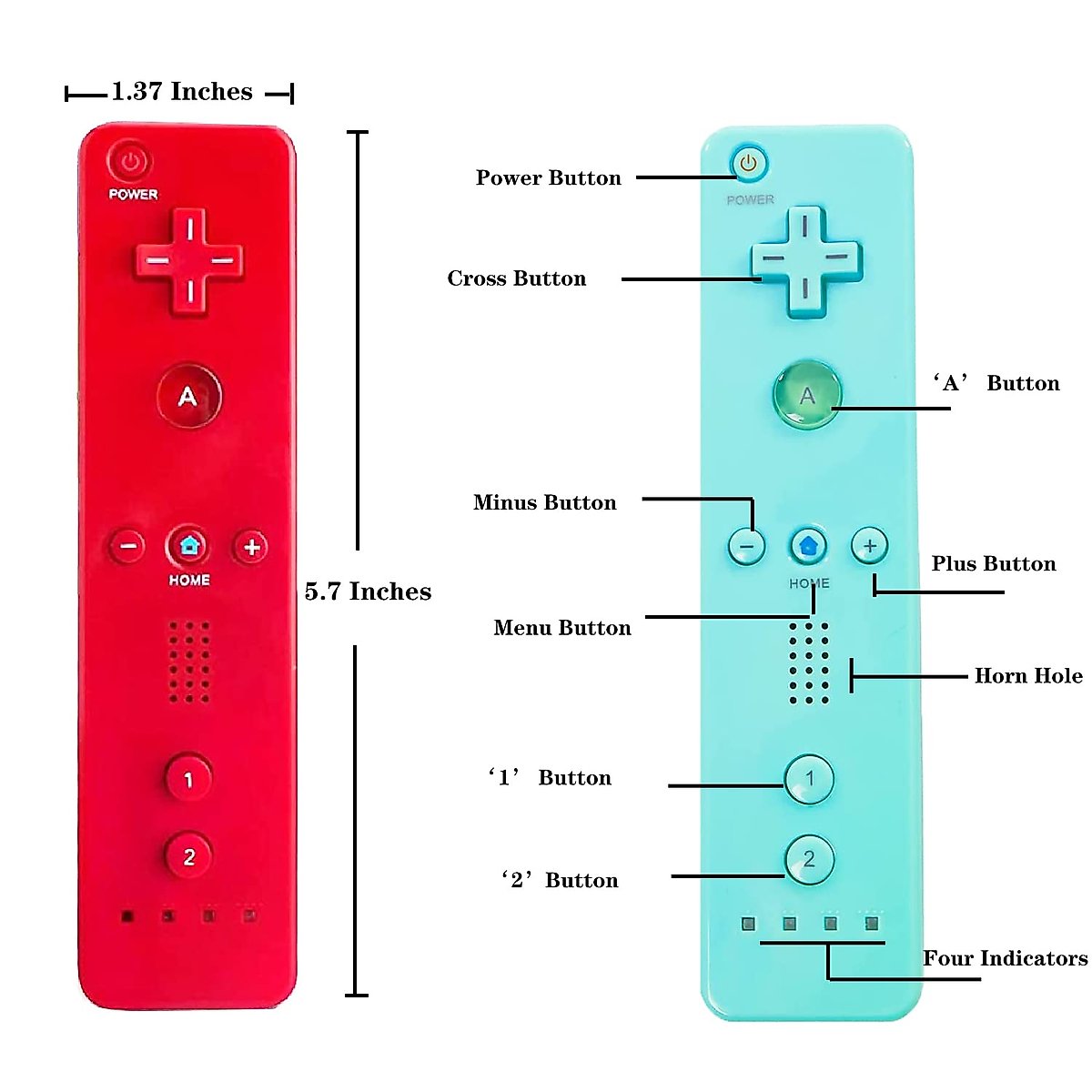 JTao-tec Wii Controller, 2 Packs Wii Controller and Wii Nunchuck for Wii and Wii U Console, with Silicone Case and Wrist Strap (Red + Water Blue)