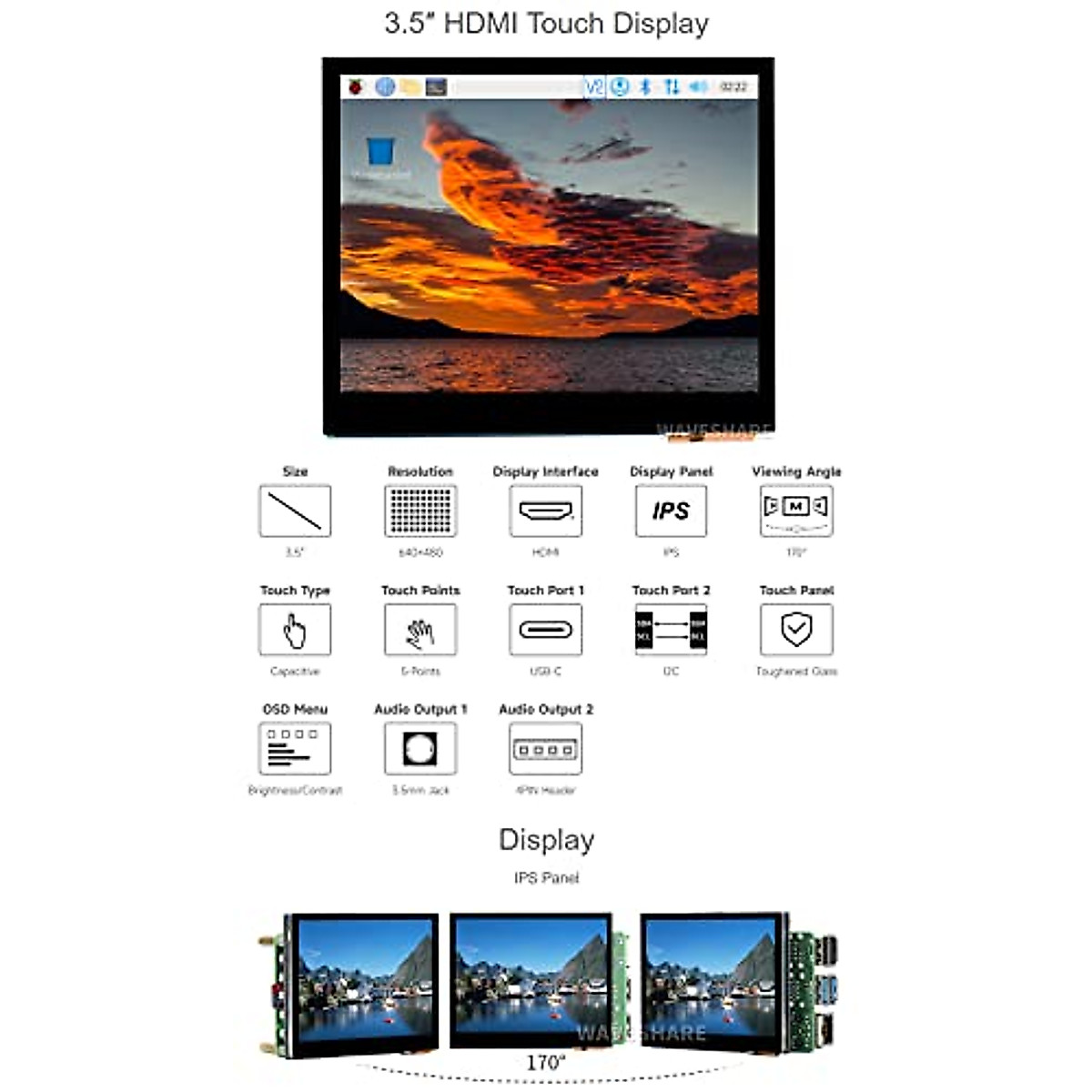Waveshare 3.5inch HDMI LCD, Compatible with Raspberry Pi 5/4B/3B/Zero/Zero W/Zero 2W/Pico/Pico W/Pico WH, Capacitive Touch IPS LCD Display, 640×480, Audio Jack