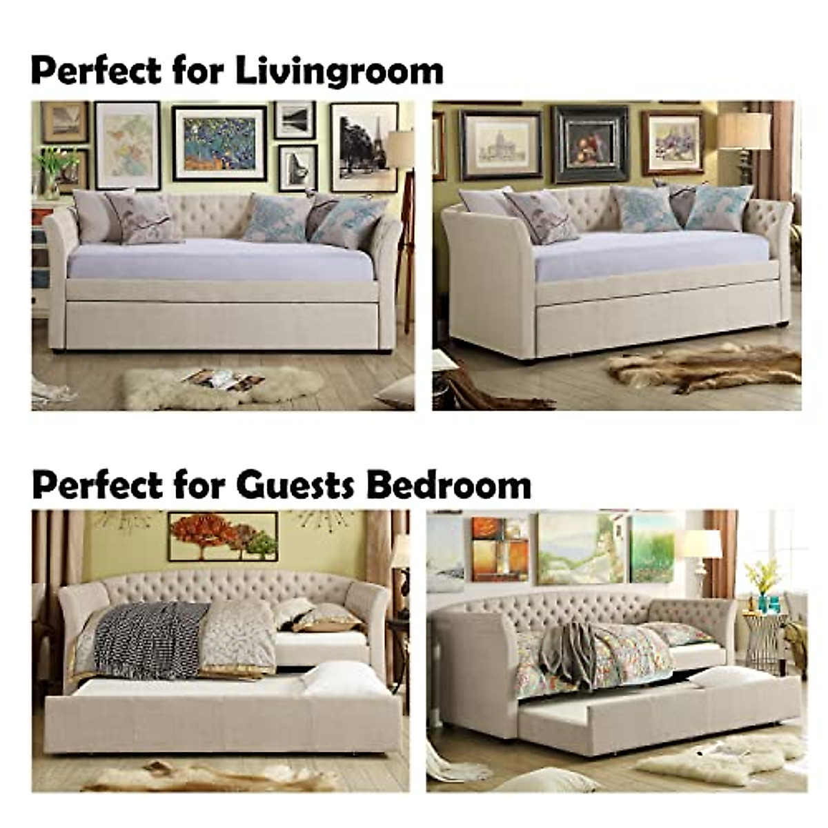 Rosevera Elsa Twin Size Daybed with Trundle, Beige