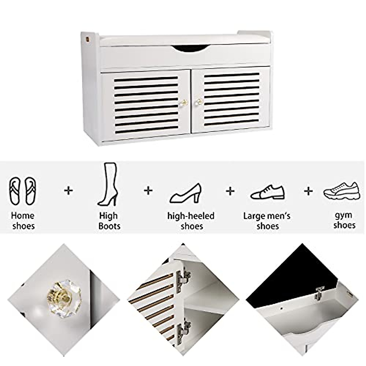 JCONMCN Wooden Shoe Cabinet 2 Doors Shelf Bench Shoes Storage Organiser 8-Pairs Rack Cupboard White 31.6'' x 13'' 18.9'' (Cabinet-2022420)