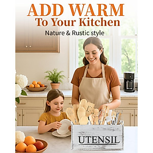 brekle White Kitchen Utensil Holder Rustic Large Wooden Utensil Organizer Cooking Tools Storage