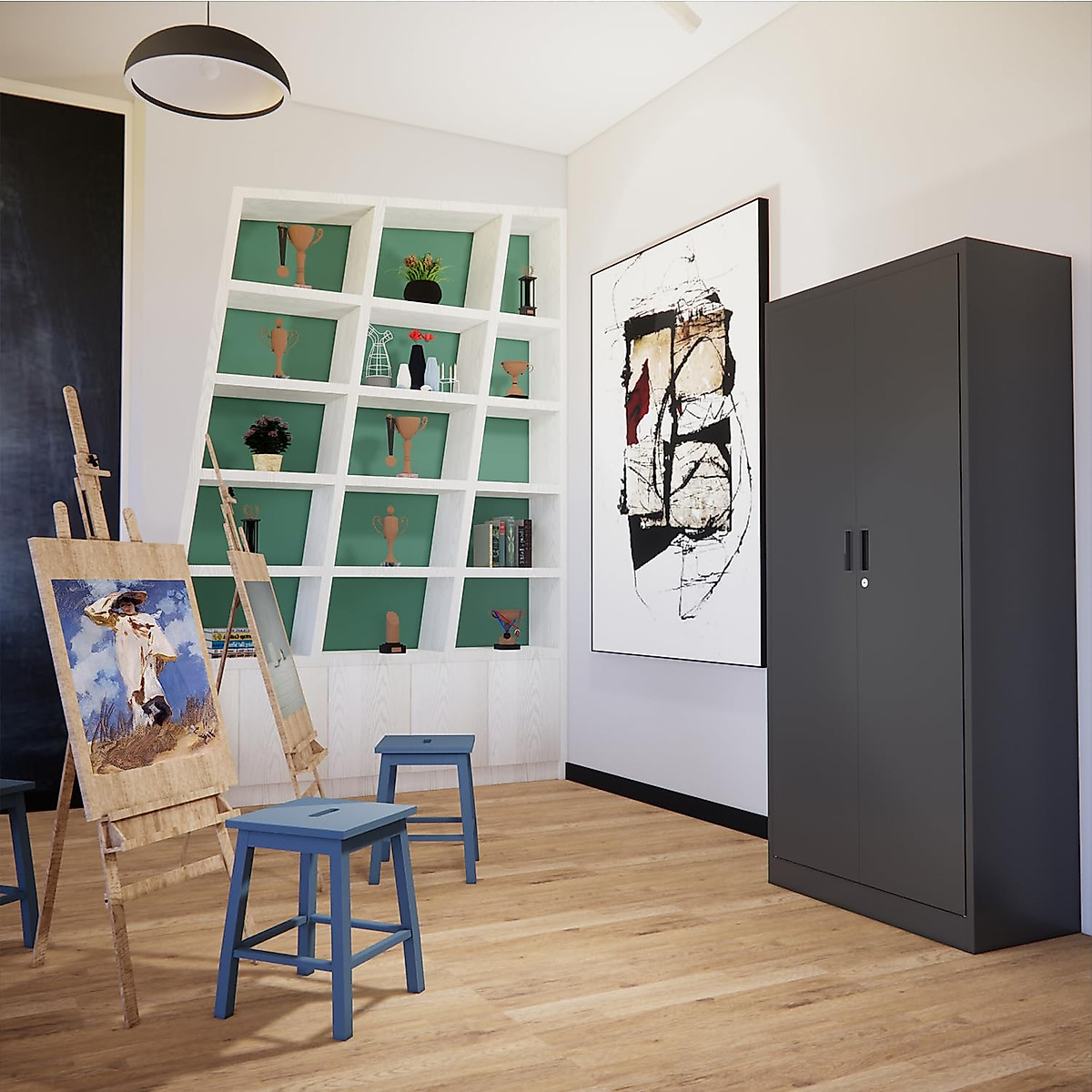 Metal Storage Cabinet with 2 Doors and 4 Shelves, Lockable Steel Storage Cabinet for Office, Garage, Warehouse, 70.86" H x 31.5" W x 15.75" D (Black)