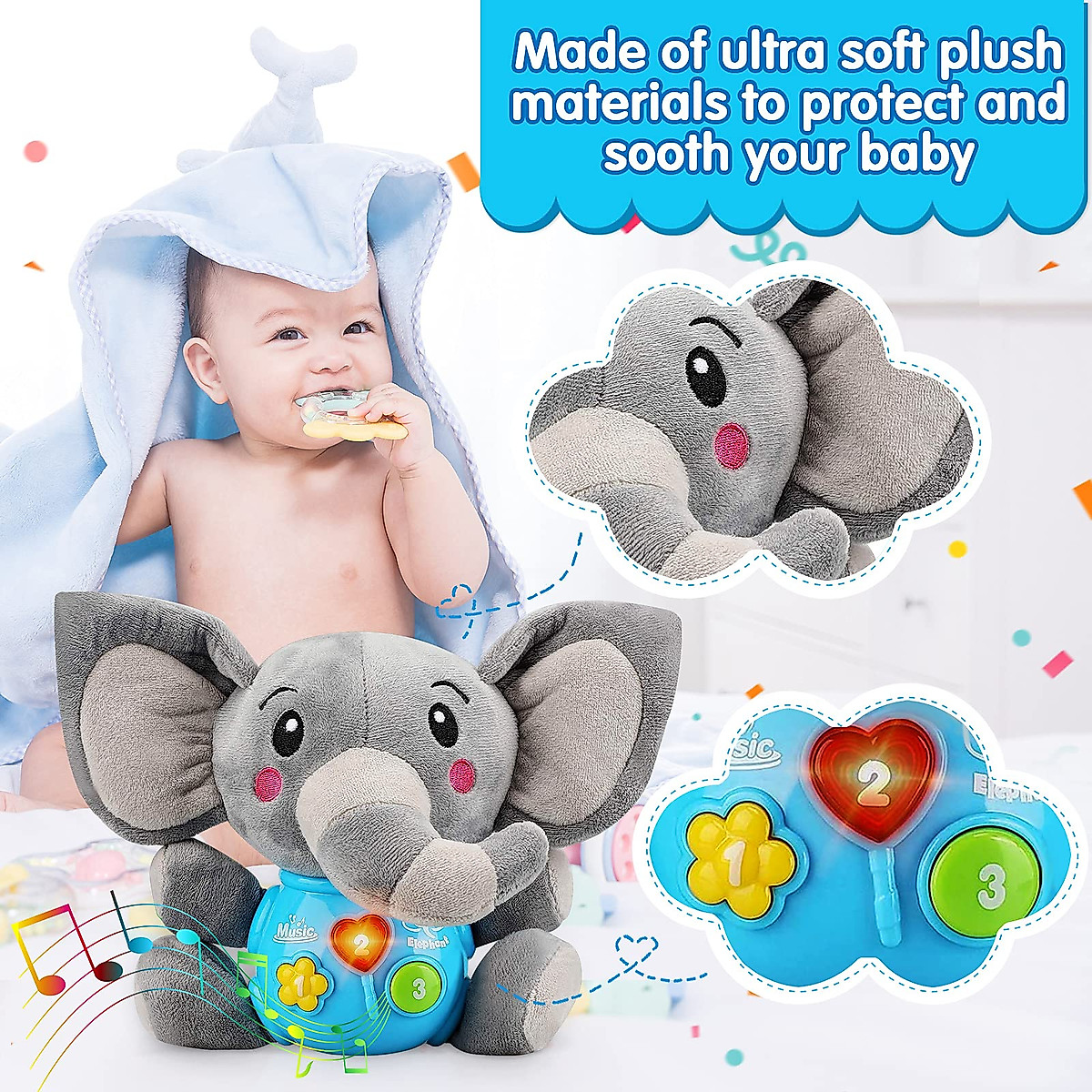 Sakiyrmai Plush Elephant Music Baby Toys 0 3 6 9 12 Months, Cute Stuffed Animal Light Up Baby Toys Newborn Baby Musical Toys for Infant Babies Boys & Girls Toddlers 0 to 36 Months-Upgraded