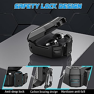 RFUNGUANGO for Samsung Galaxy Buds 2 Pro/Buds Pro/Buds Live/Buds 2 Case Cover/Galaxy Buds FE (2023, Military Carbon Fiber case with Keychain/Zipper/with Cleaner Kit(Anti-Drop Lock)-Black