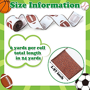 H1vojoxo Football Wired Edge Ribbon - 4 Rolls 24 Yards Brown Green Football Burlap Ribbon for Football Game, Rugby Pastel Wired Ribbon for Bow Wreaths, Football Theme Fabric Ribbon for DIY Craft