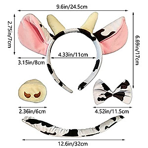 JIALWEN Animal Costume 4 Pieces Set Cow Ears Headband Nose Bowtie and Tail Party Cosplay Halloween Dress Up Accessories