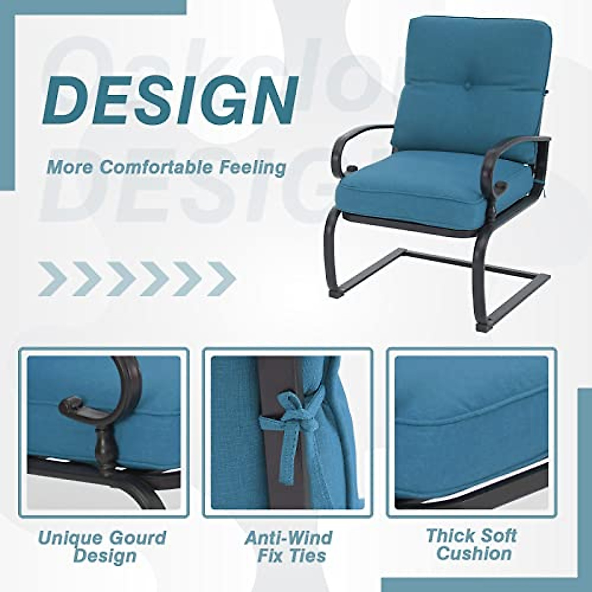 Oakcloud Outdoor Bistro Set 3-Piece Spring Metal Lounge Cushioned Chairs and Bistro Table Set Wrought Iron Cafe Furniture Seat, Blue