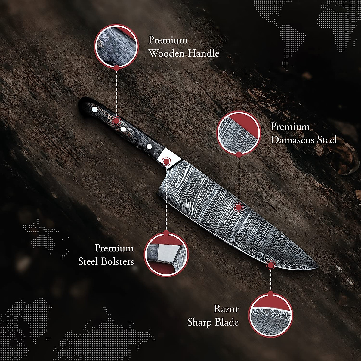 Morf Steelware Damascus Chef Knife, 5 Pieces of Damascus Steel Chef Knife Set for Kitchen, BBQ Knives, Camping Cooking Knives, Knives for Men for Camping and Outdoors